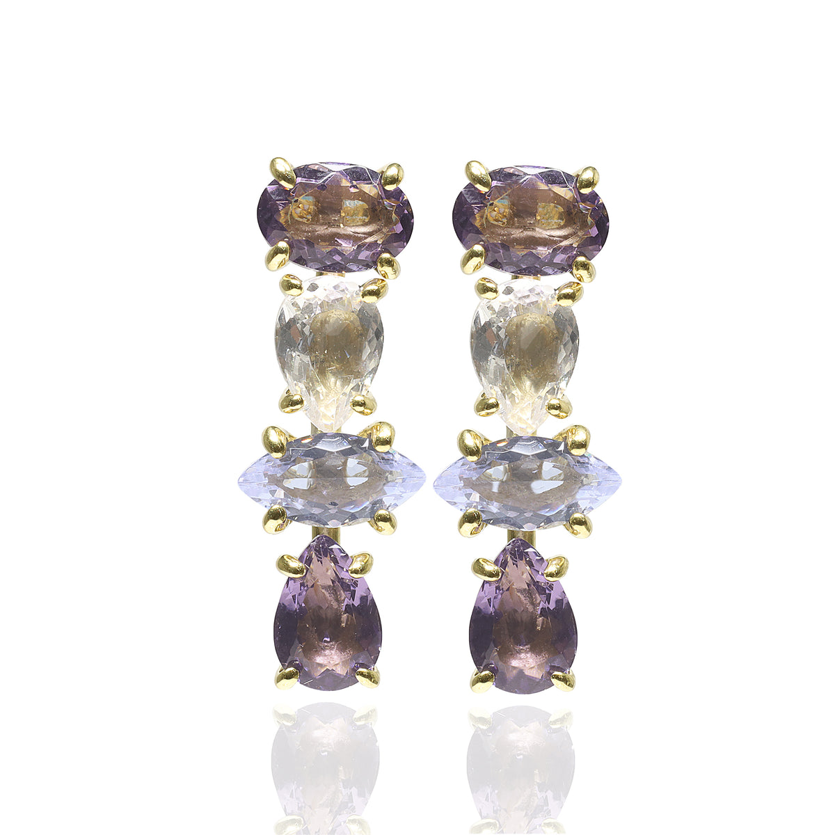 Multistone Gold Earrings with Amethyst, Crystal Quartz, Tanzanite ...